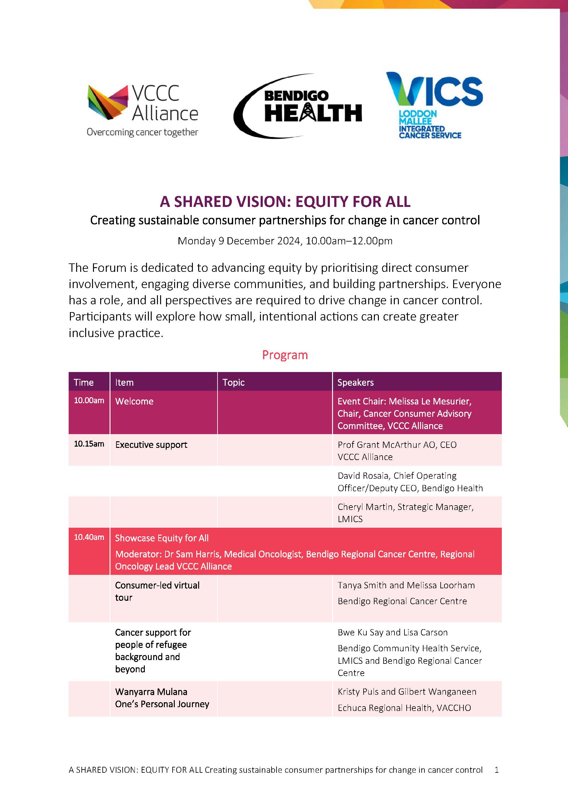 Consumer Engagement Forum 2024 | VCCC Alliance Centre for Cancer Education